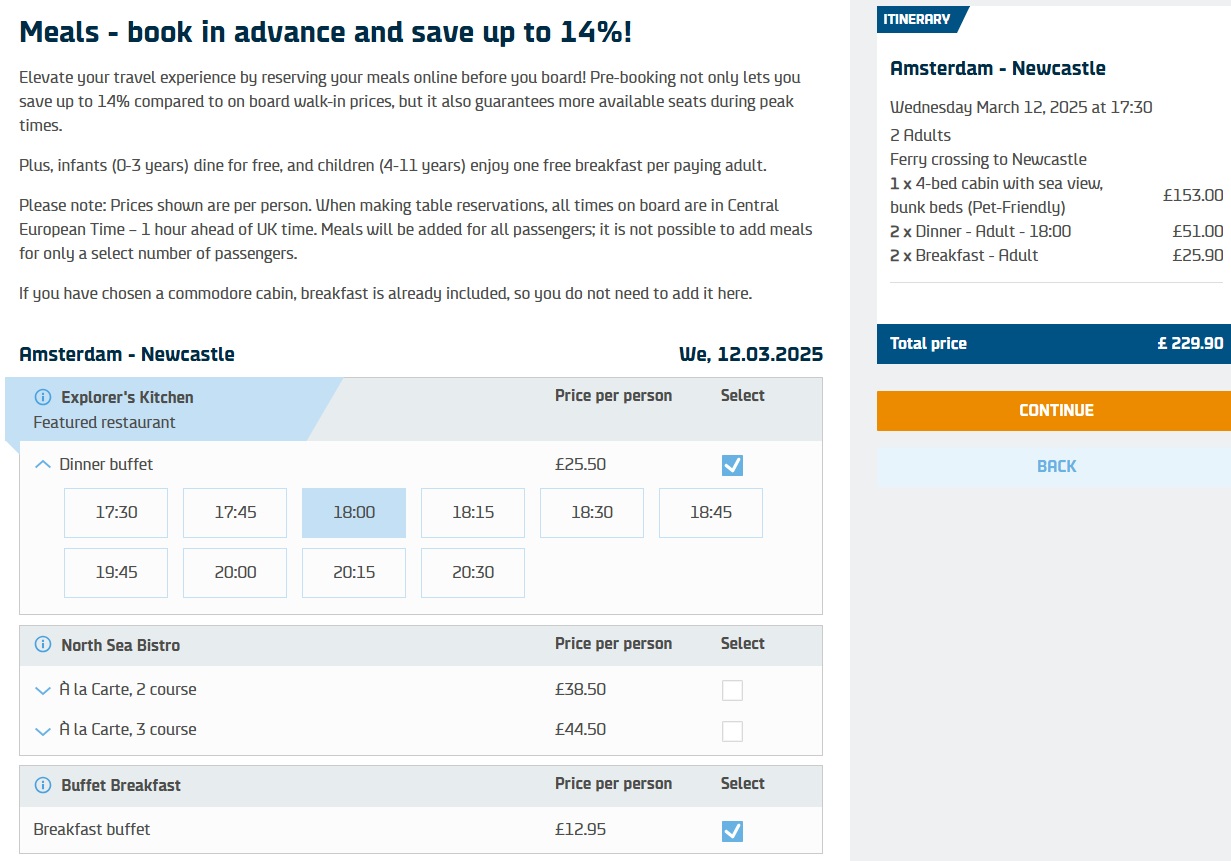 DFDS meal options add-on - No Home Just Roam